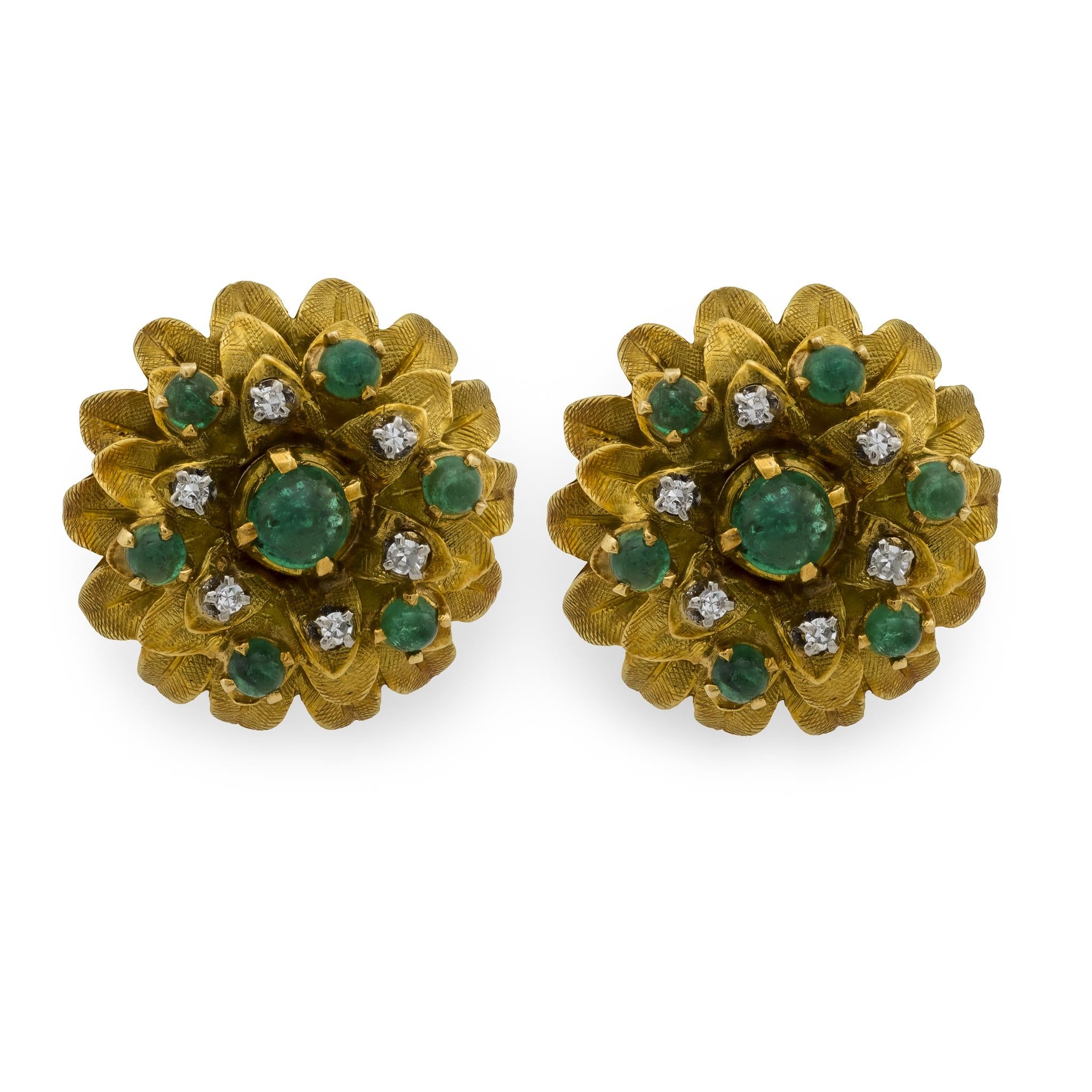 Vintage 3.10 carat emerald diamond 18k yellow gold flower earrings ...