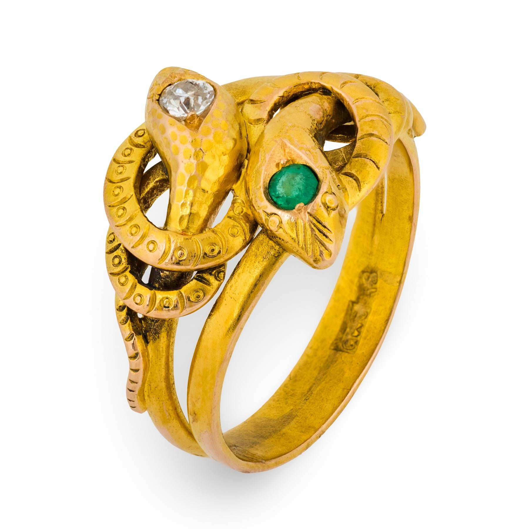 Victorian old European cut diamond emerald 18k yellow gold snake ring ...